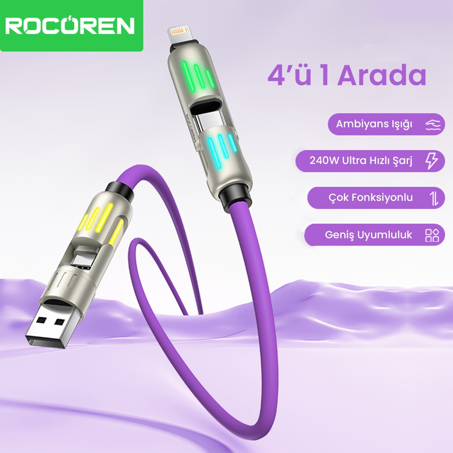 Rocoren 240W 4'ü 1 Arada Type-C / USB-A / Lightning Mor Silikon Şarj ve ...