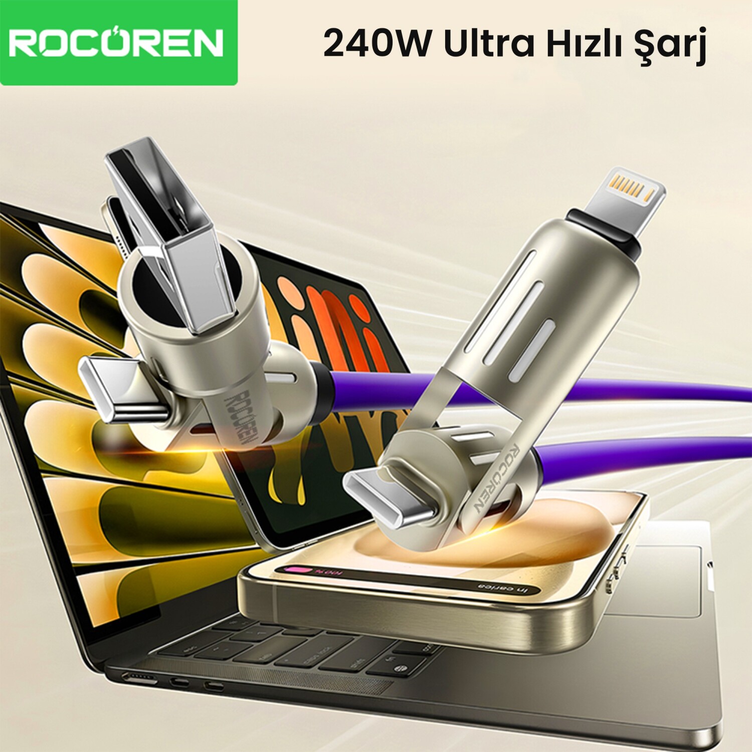 Rocoren 240W 4'ü 1 Arada Type-C / USB-A / Lightning Mor Silikon Şarj ve ...