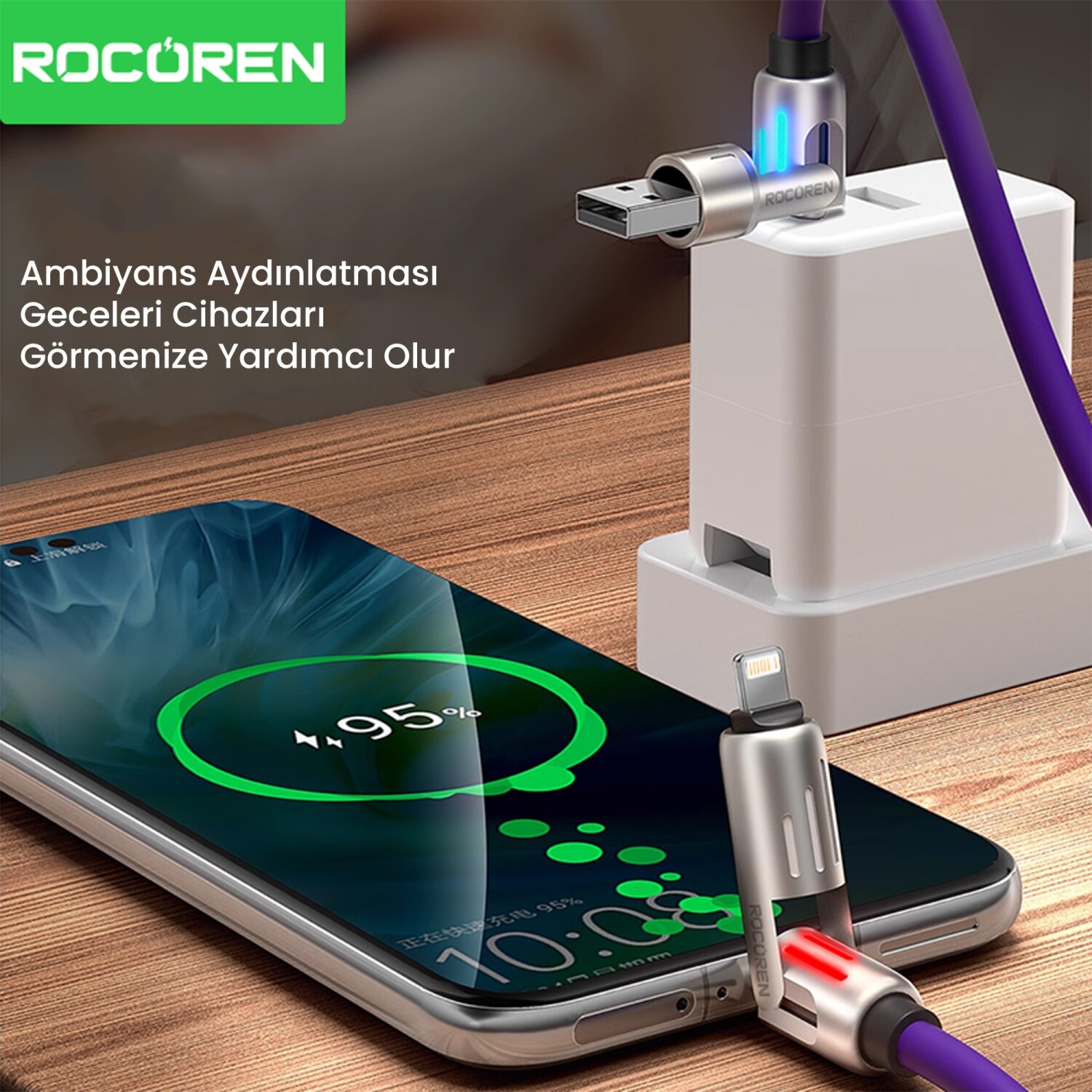 Rocoren 240W 4'ü 1 Arada Type-C / USB-A / Lightning Mor Silikon Şarj ve ...